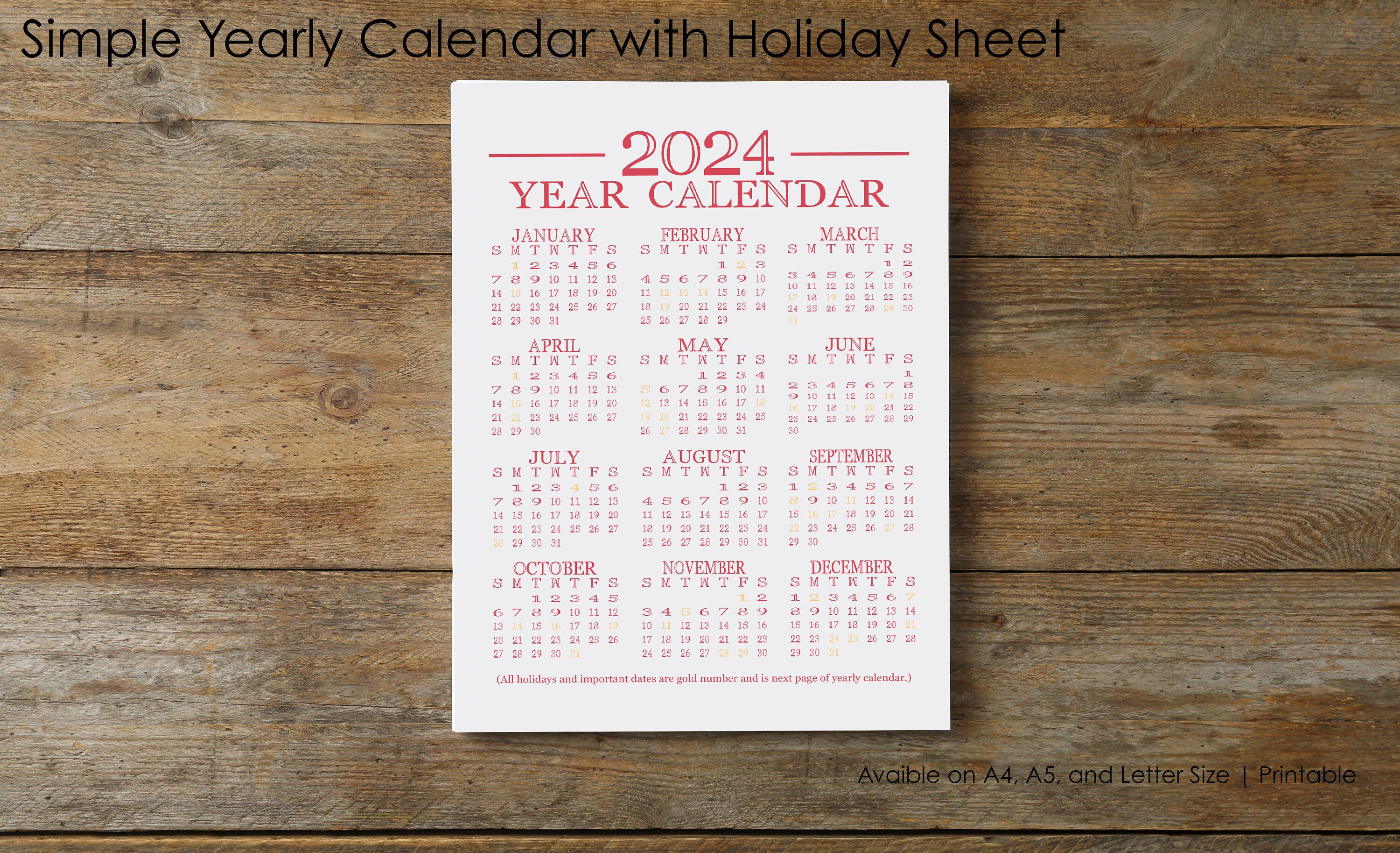 2024 Yearly Calendar - Red - Etsy