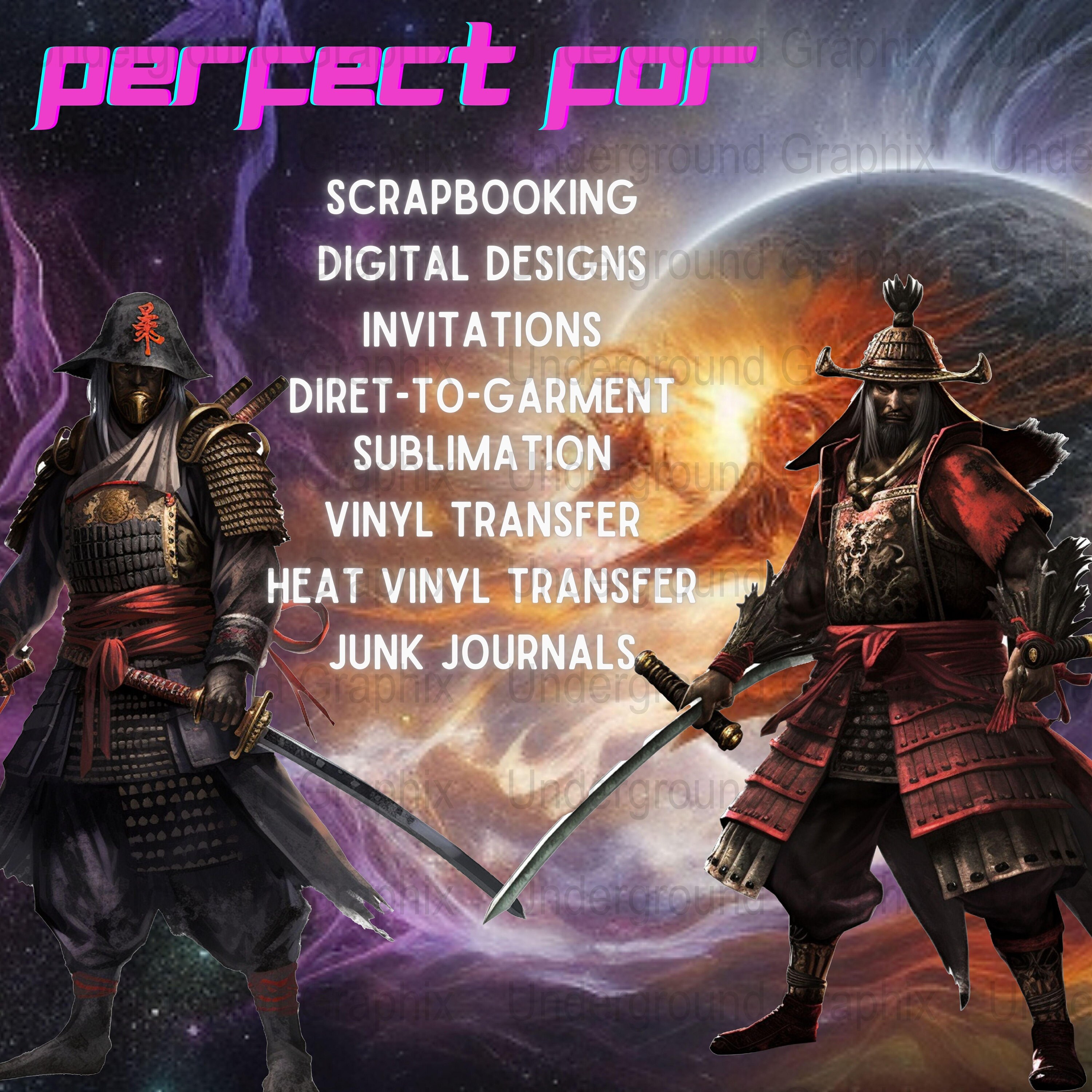 Samurai Mech Warrior Digital Art Set, Sci-fi Fantasy Robot Illustration ...