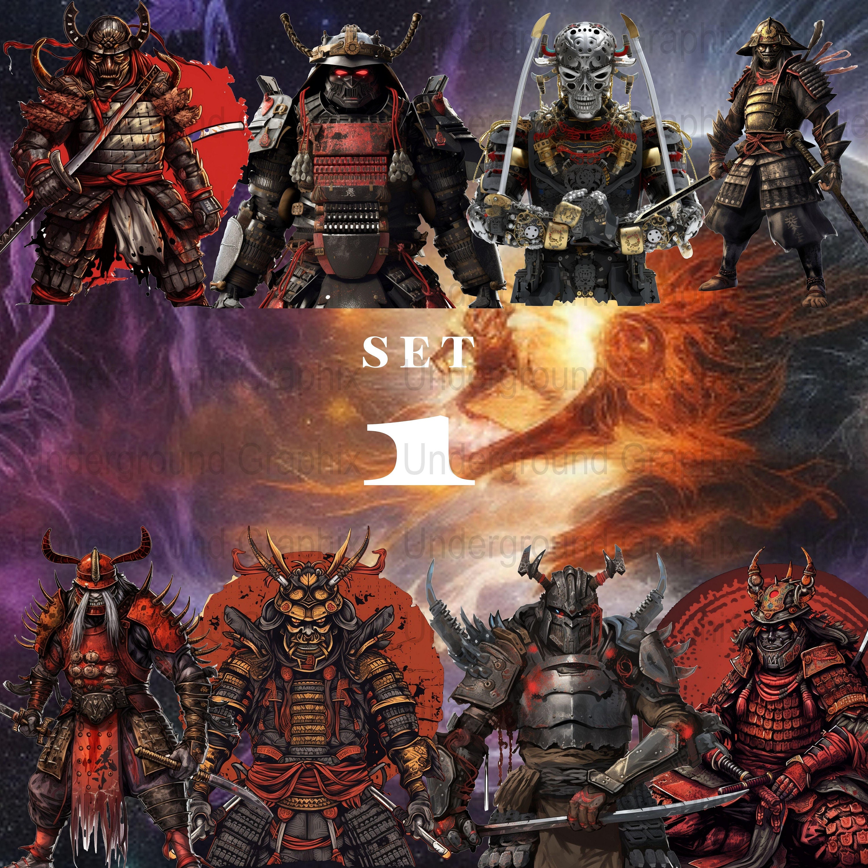 Samurai Mech Warrior Digital Art Set, Sci-fi Fantasy Robot Illustration ...