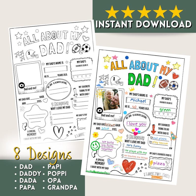 All About My Dad Survey Printable, Dad Birthday Gift From Kids, My Dad ...