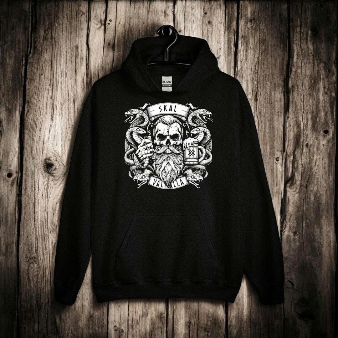 Black Viking Hoodie / Ragnar Feasting in Valhalla / Snakes and Skulls ...