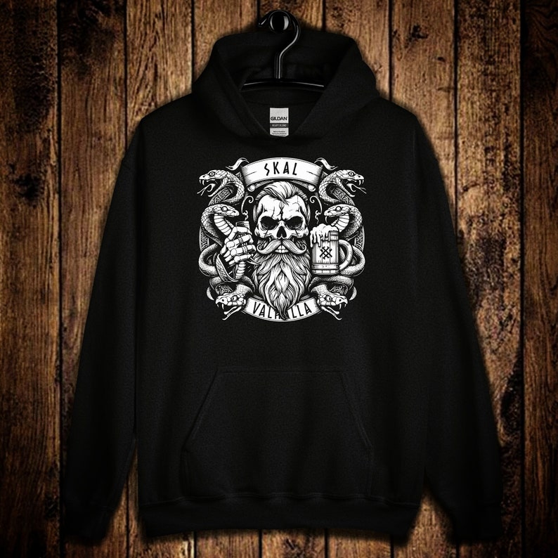 Black Viking Hoodie / Ragnar Feasting in Valhalla / Snakes and Skulls ...