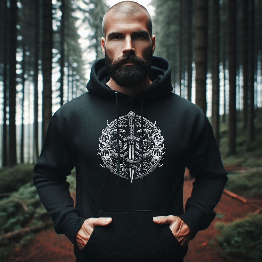 Viking Warrior Hoodie: Flaming Sword & Snakes, Unisex Eco Sweater - Etsy