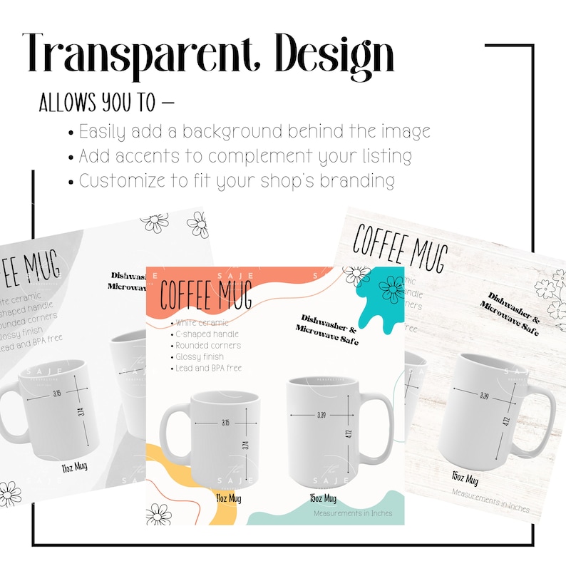 White Ceramic Coffee Mug Size and Details Chart | 11oz & 15oz Product ...