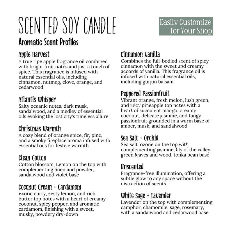 Scented Soy Candle Scent Variations Chart (clear Jar) | POD Listing ...
