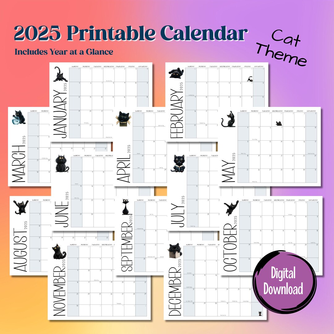 Printable 2025 Monthly Cat Themed Calendar, Instant Digital PDF ...