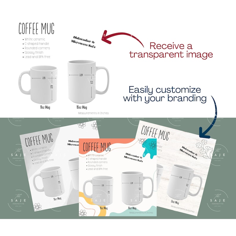 White Ceramic Coffee Mug Size and Details Chart | 11oz & 15oz Product ...
