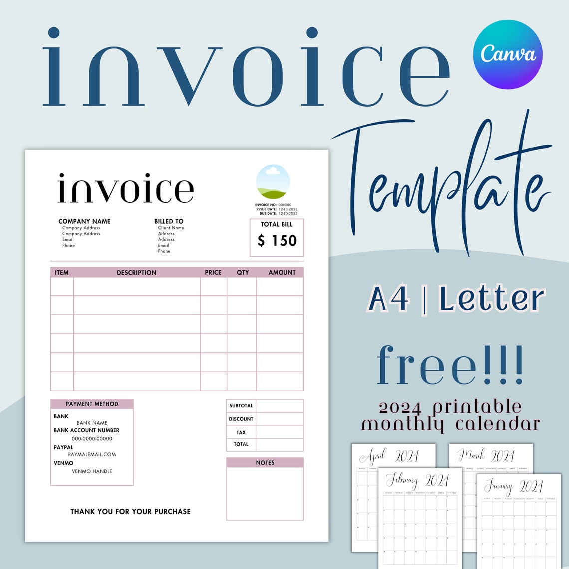 Invoice Template for Small Business, Canva Invoice Template, Editable ...