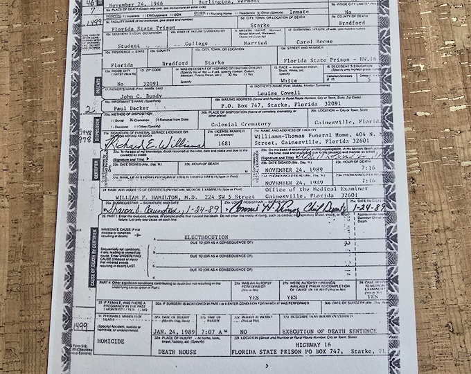Copy Of Ted Bundy S Death Certificate Etsy