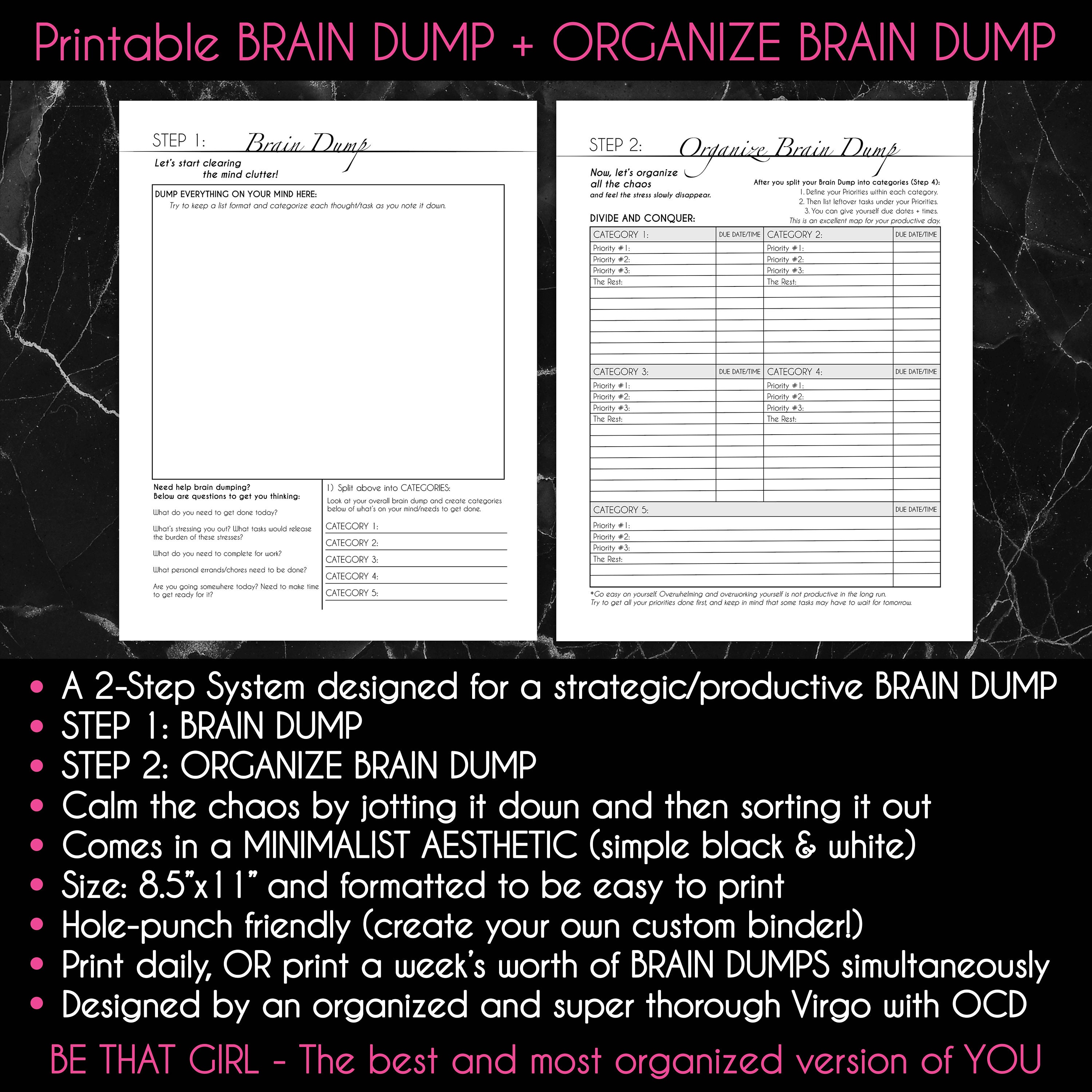 Printable Strategic 2-step Brain Dump + Organize Brain Dump (minimalist ...