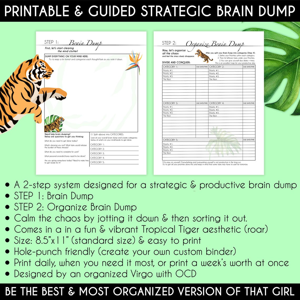 Printable Strategic 2-step Simple Brain Dump in Tropical Tiger ...