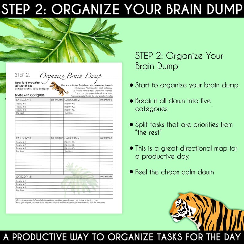 Printable Strategic 2-step Simple Brain Dump in Tropical Tiger ...
