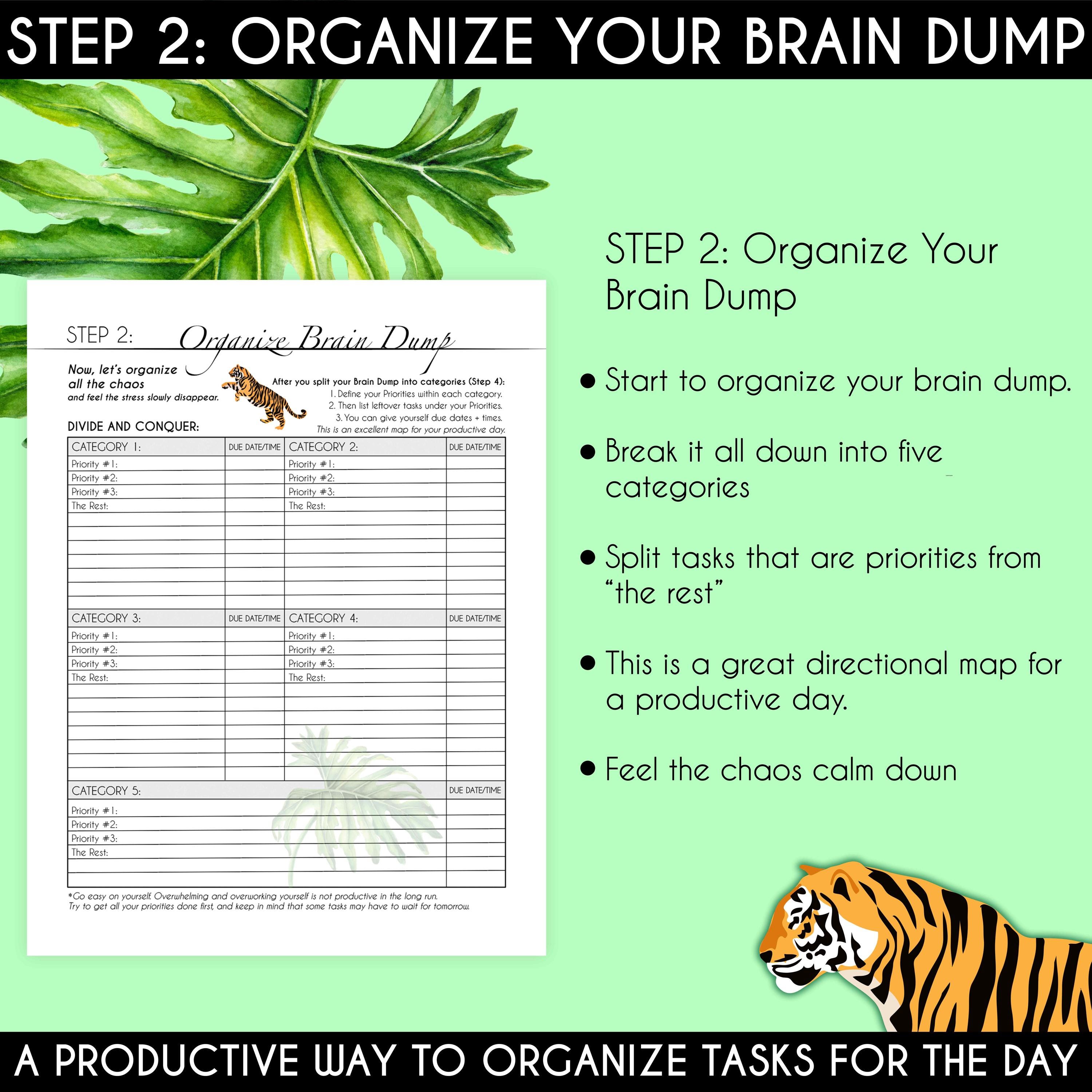 Printable Strategic 2-step Simple Brain Dump in Tropical Tiger ...