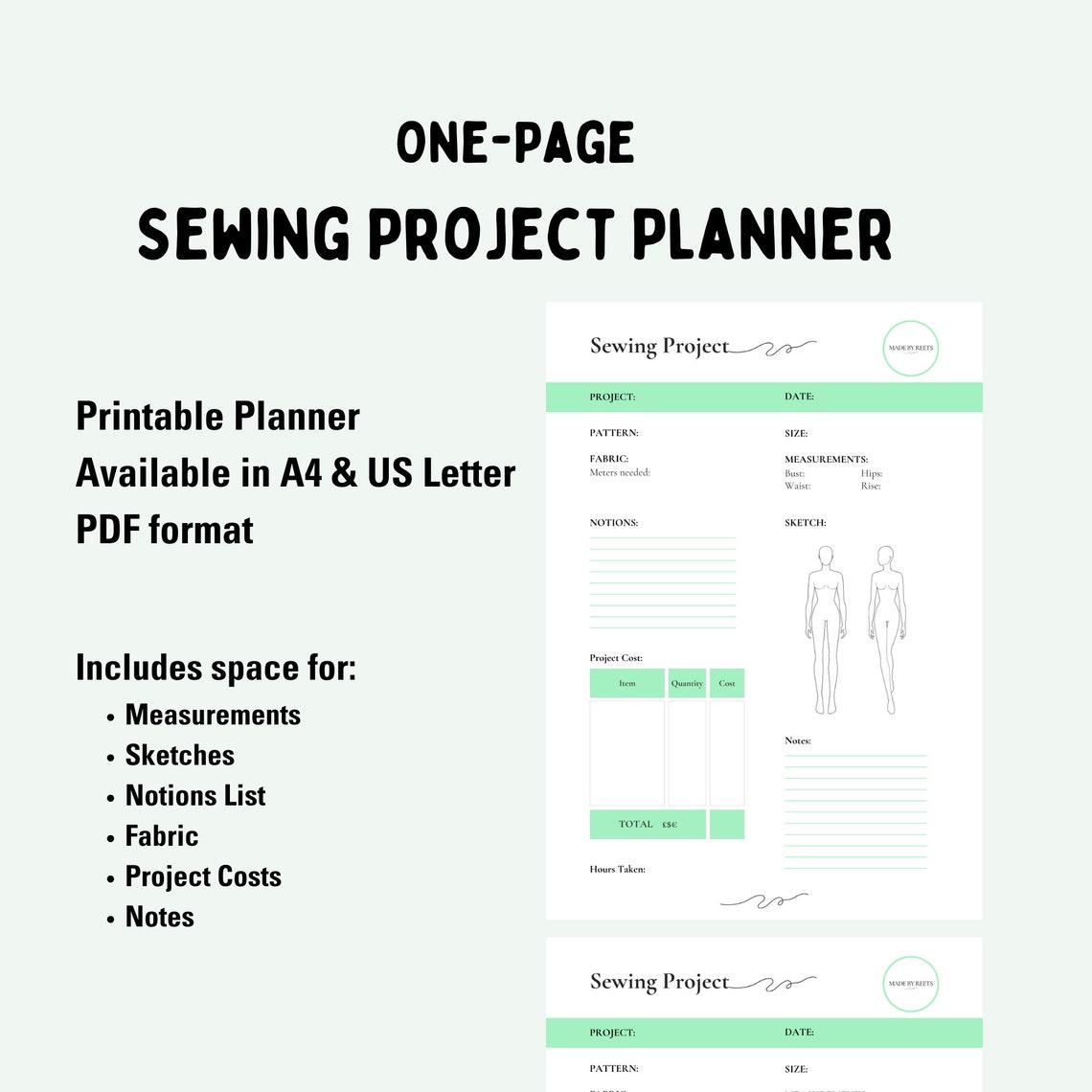 Green PDF Printable Planner Sewing Project Journal Planner Sewing ...