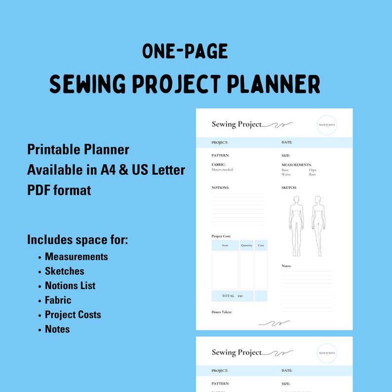 Blue PDF Printable Planner Sewing Project Journal Planner Sewing ...