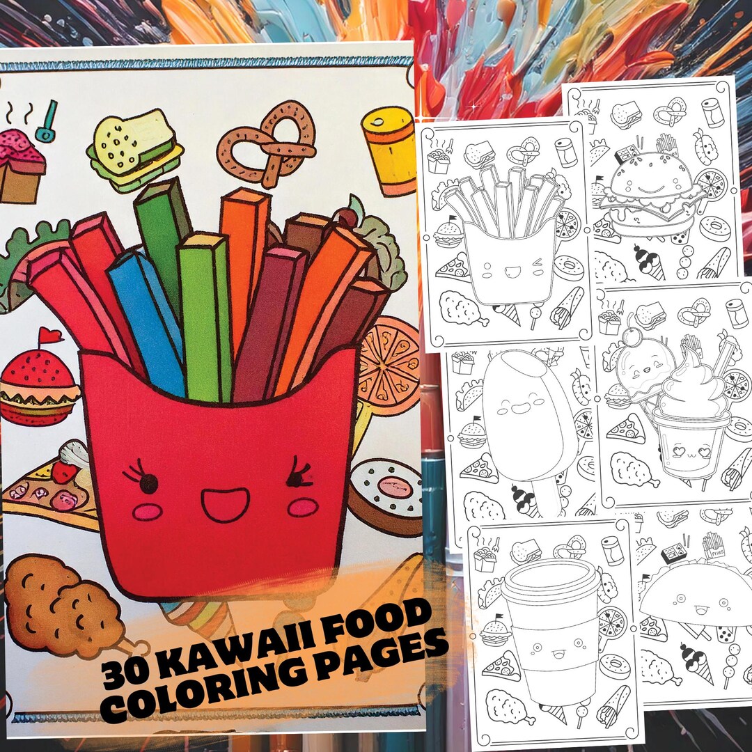 30 Kawaii Food Coloring Pages for Kids and Adults, Cute Cartoon Style ...