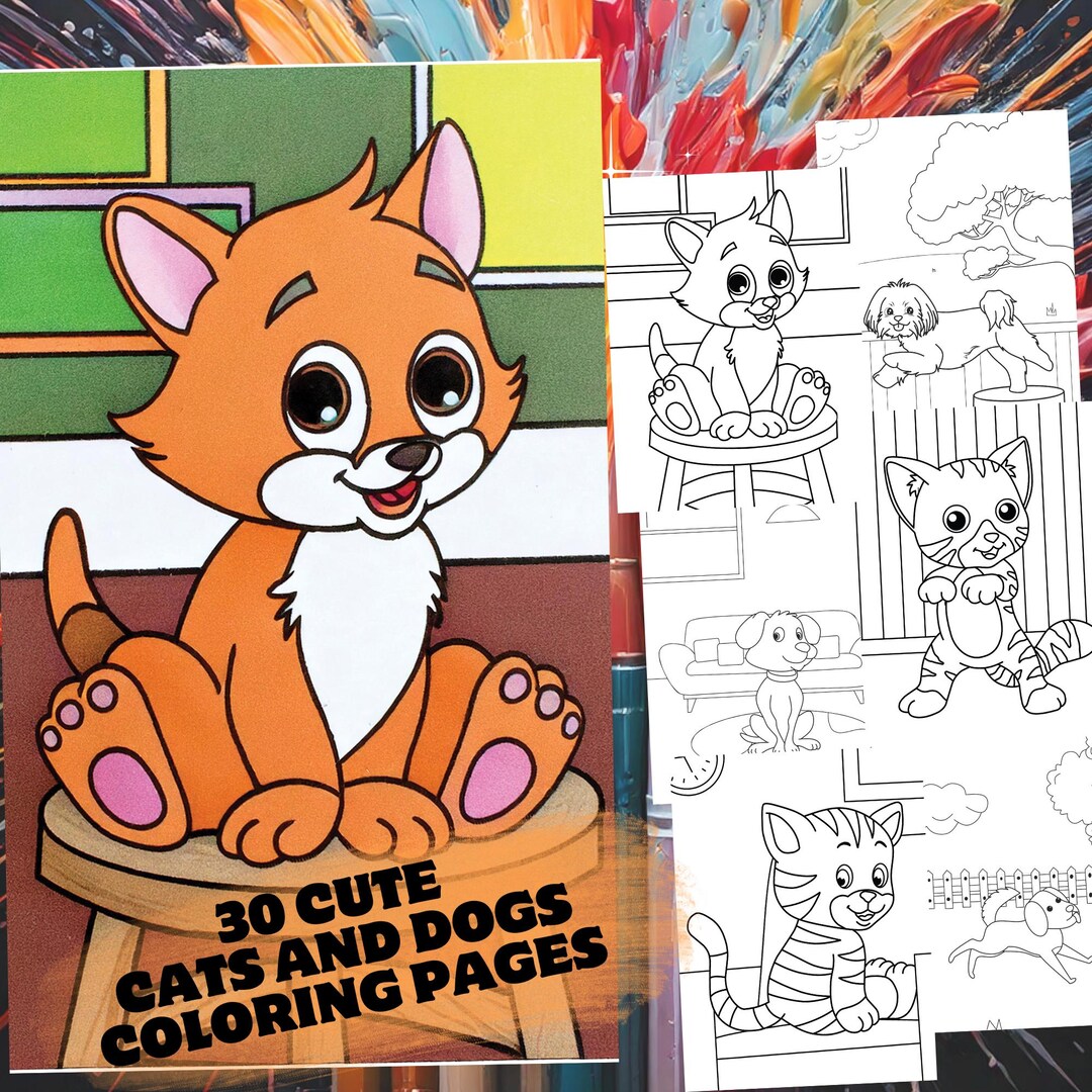 30 Cats and Dogs Coloring Book, Lovely Dogs and Cats Coloring, Dog ...