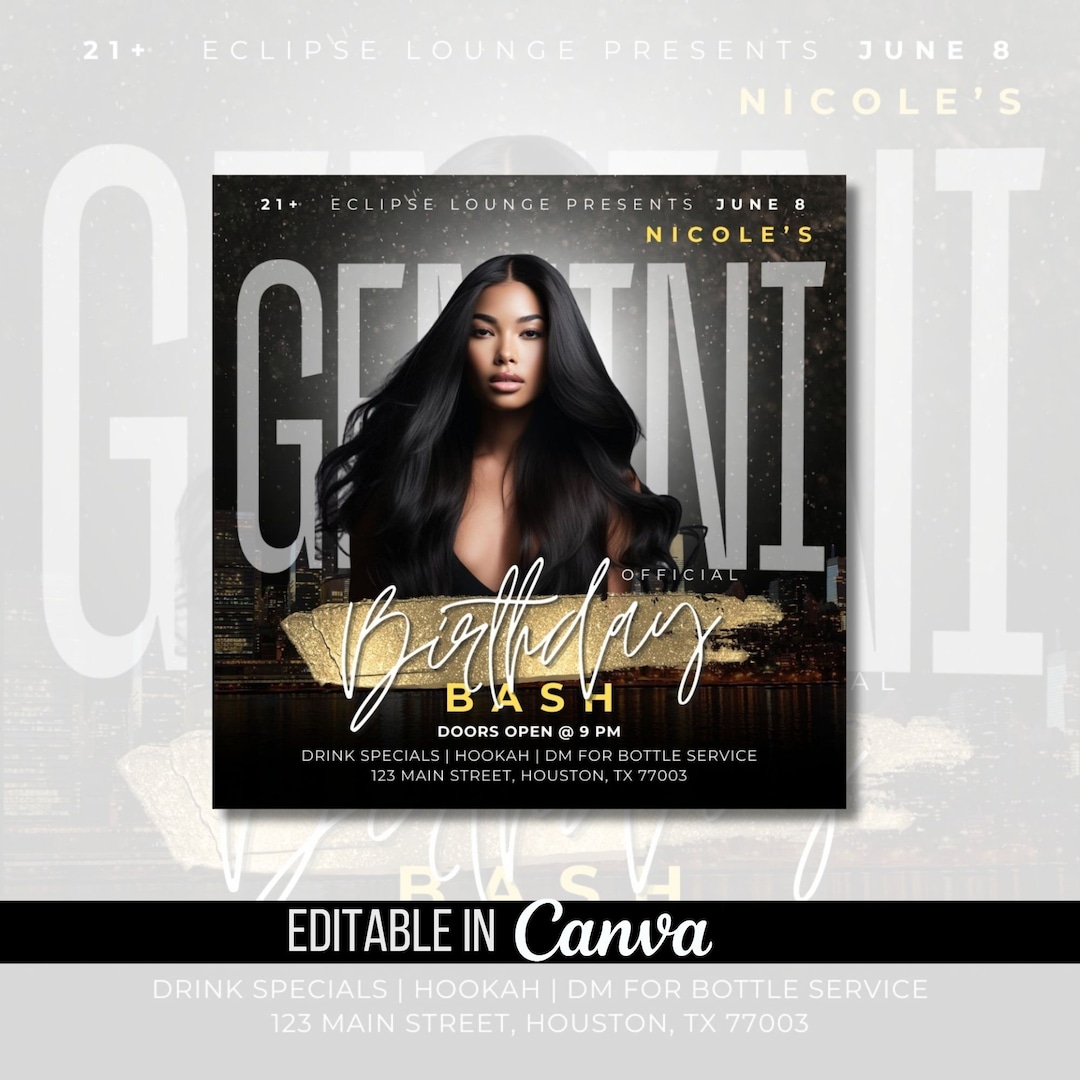 Gemini Birthday Flyer Template, June Birthday Weekend Club Flyer, Black ...