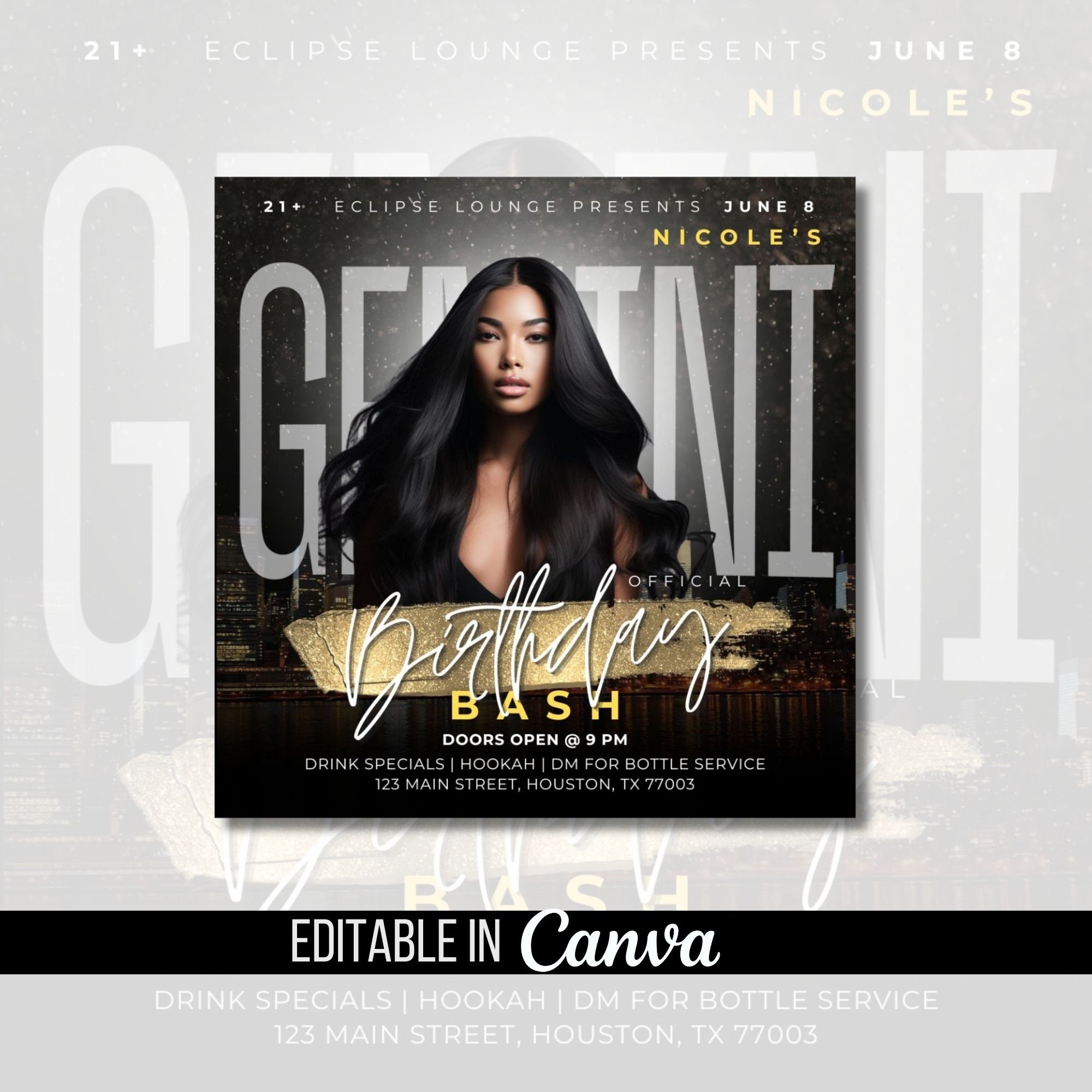 Gemini Birthday Flyer Template, June Birthday Weekend Club Flyer, Black ...