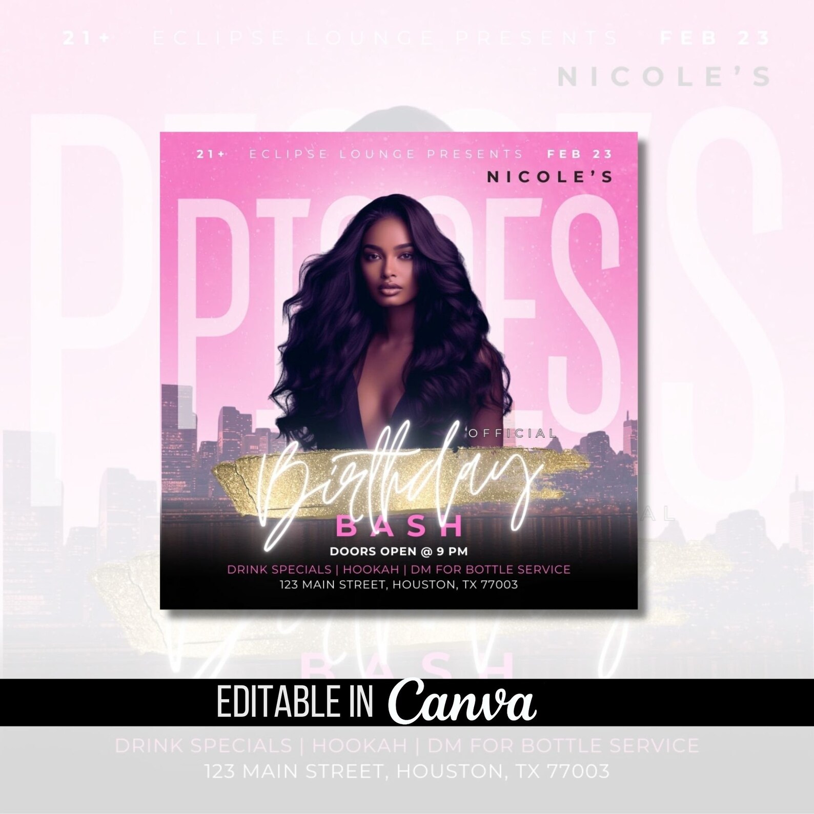 Pisces Birthday Flyer Template, March Birthday Weekend Club Flyer, Pink ...