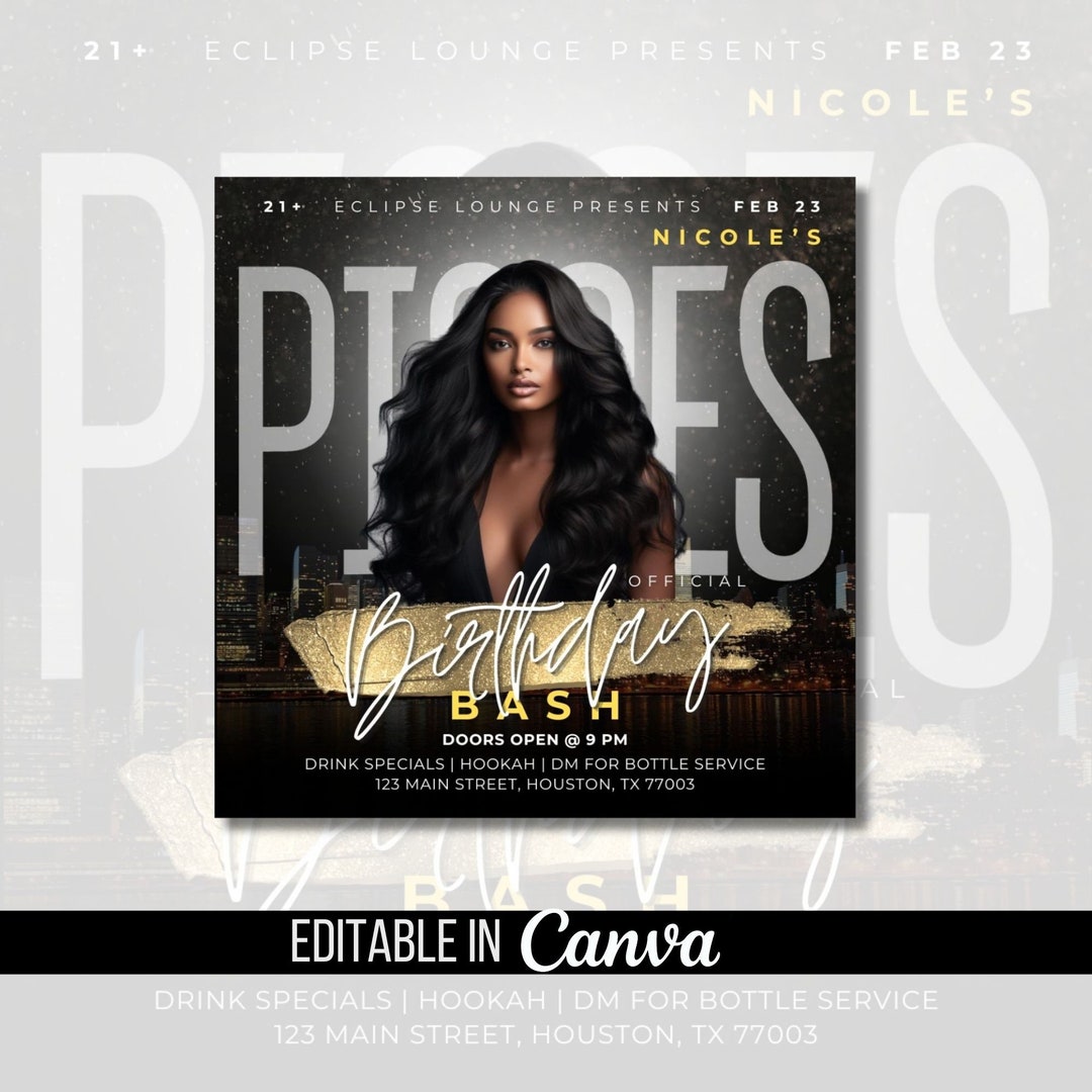 Pisces Birthday Bash Flyer, Black and Gold Club Event (canva Editable ...