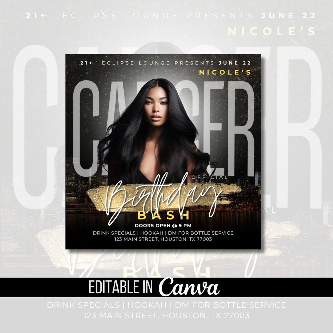 Cancer Birthday Bash Flyer Template, Black and Gold, Editable in Canva ...
