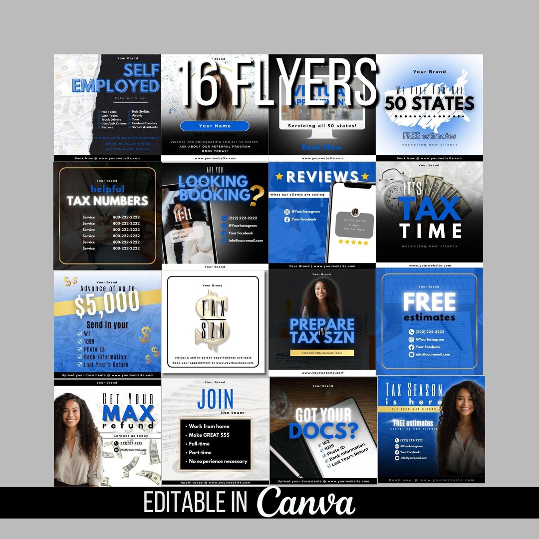 Blue Tax Prep Flyers 2026 Bundle, Tax Instagram, Tax Flyer Canva ...