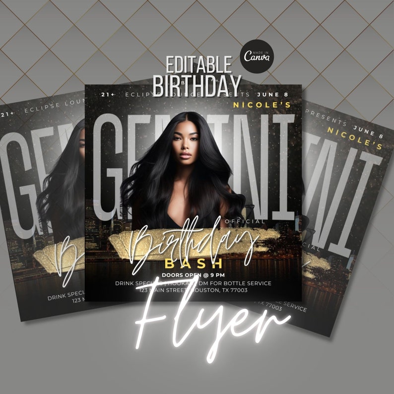 Gemini Birthday Flyer Template, June Birthday Weekend Club Flyer, Black and Gold Bday Event ...