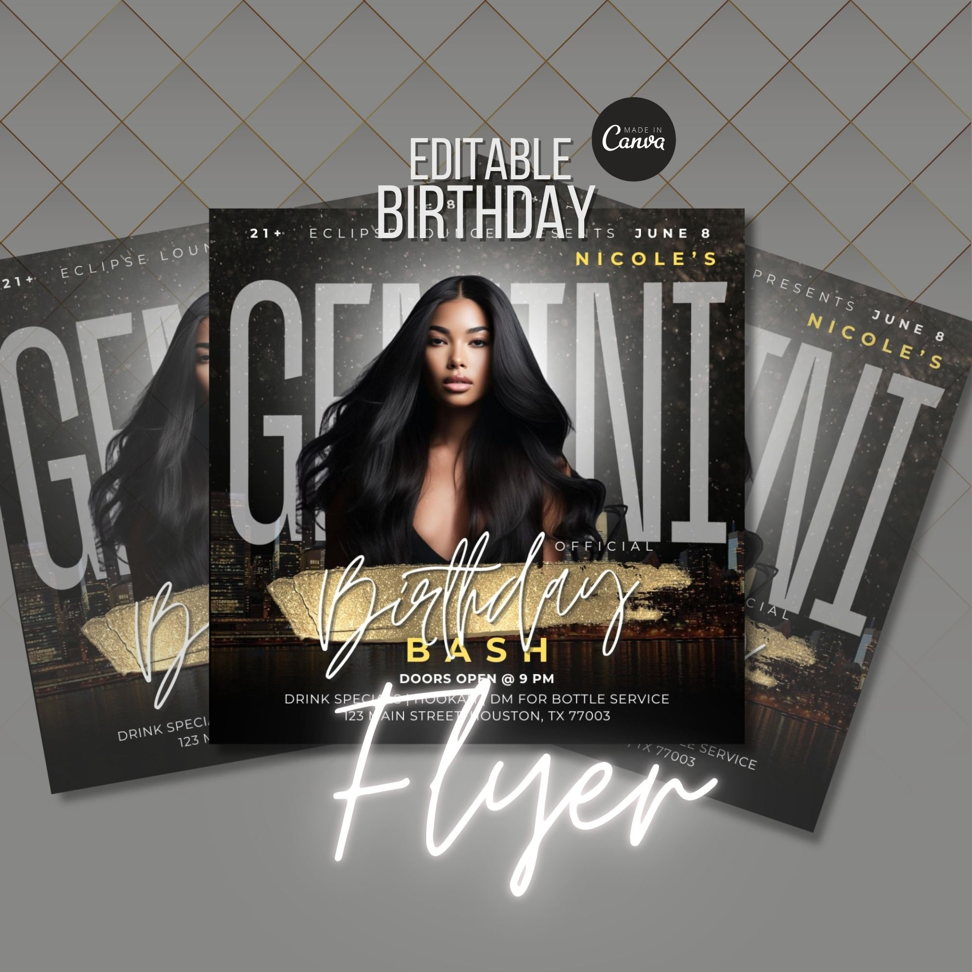 Gemini Birthday Flyer Template, June Birthday Weekend Club Flyer, Black ...