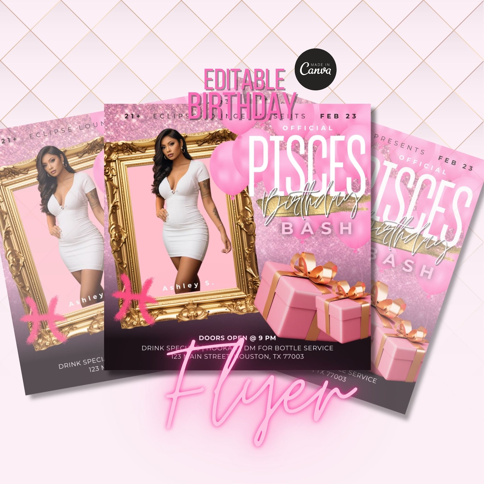 Pisces Birthday Flyer Template, March Birthday Weekend Club Flyer, Pink ...