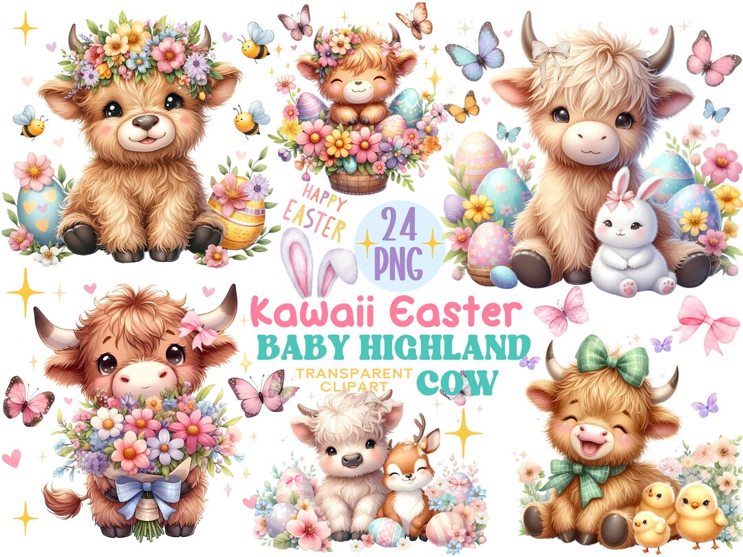 Kawaii Easter Baby Highland Cow PNG Set, Chibi Cute Heifer Clipart ...