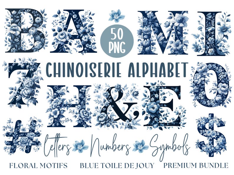 Chinoiserie Alphabet Numbers PNG Clipart, Floral ABC Set, Vintage Blue ...