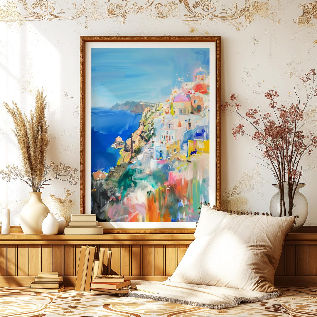 Santorini Greece Art Print: Vibrant Abstract, Modern Home Decor ...