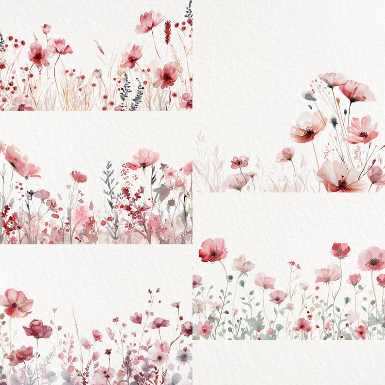 Ruby Red Wildflower Clipart Watercolor Elements, Borders & Wreaths ...