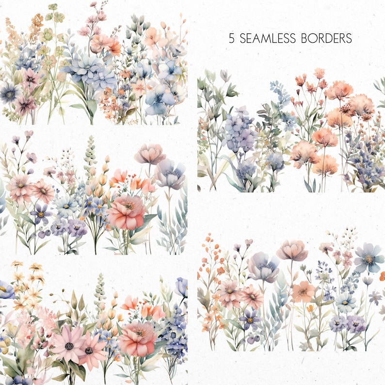 Wildflower Watercolor Border Clip Art, Flowers Border, Seamless Borders ...