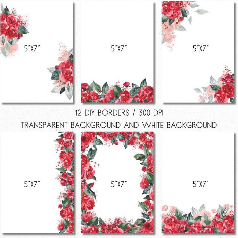 Watercolor Red Roses Borders Clipart, Floral Bundle PNG, Card Elements ...