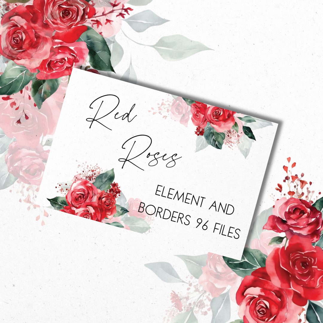 Watercolor Red Roses Borders Clipart, Floral Bundle PNG, Card Elements ...
