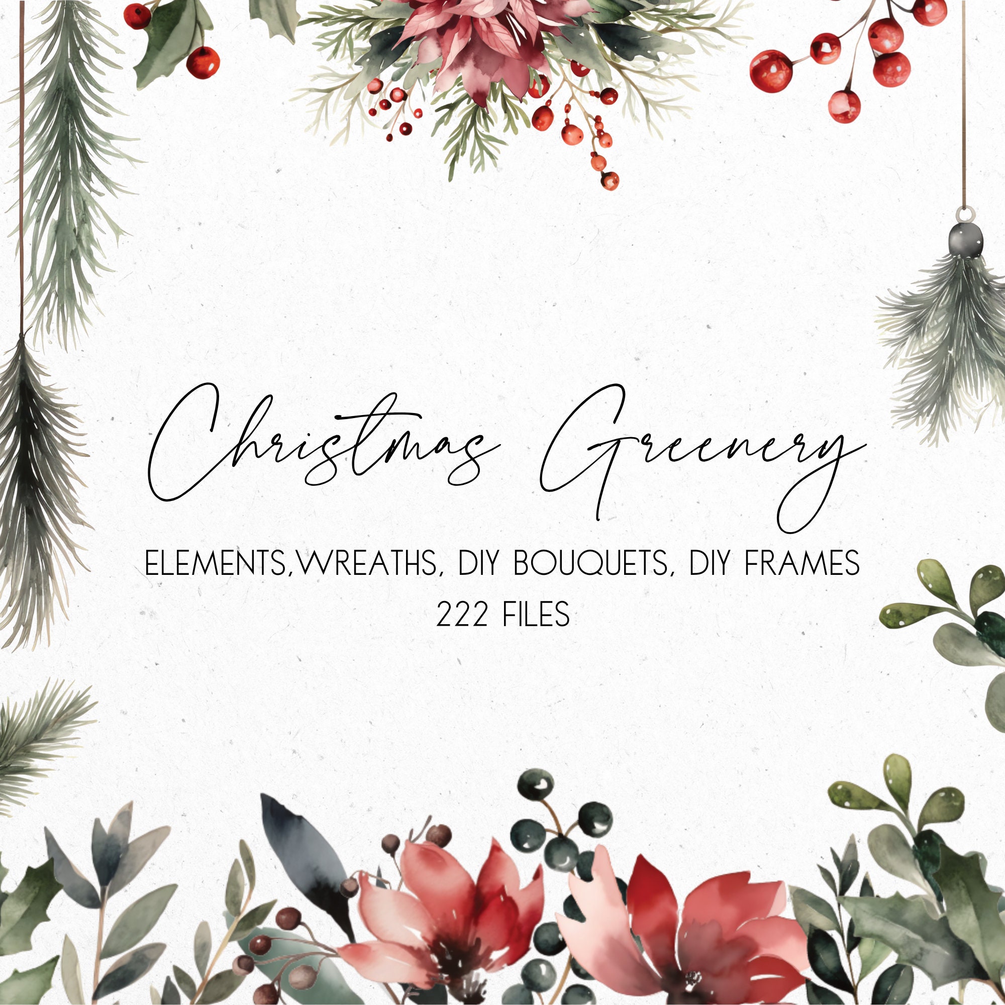 Watercolor Christmas Greenery Clip Art, Frames, Wreaths, Bouquets, and ...