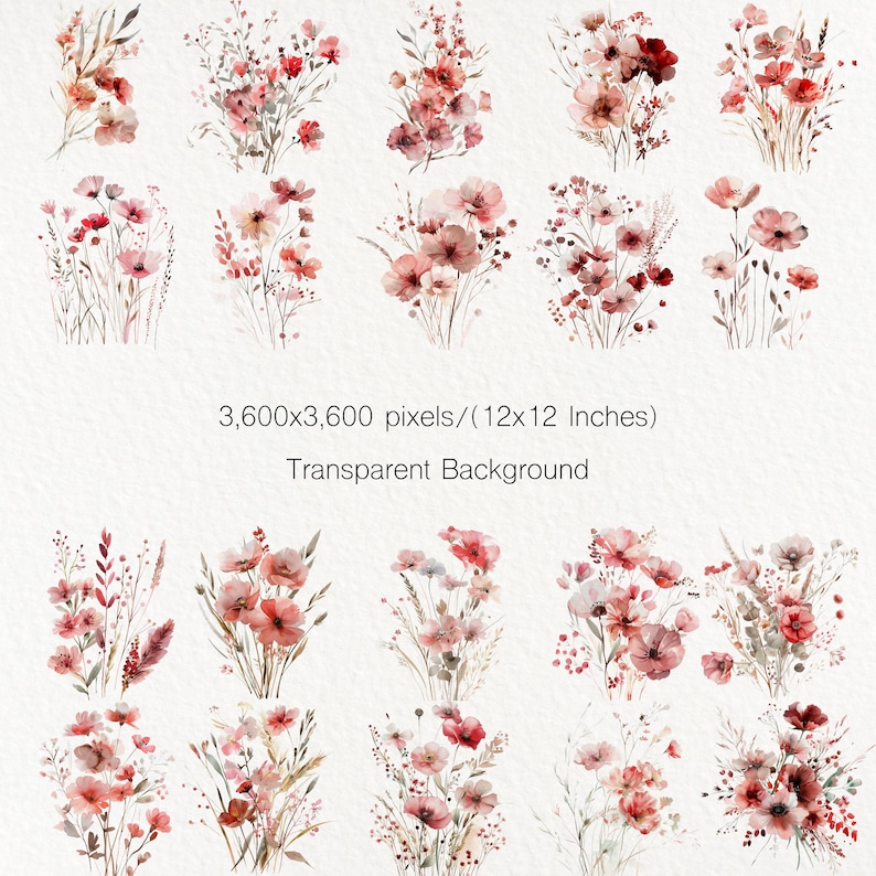 Ruby Red Wildflower Clipart Watercolor Elements, Borders & Wreaths ...