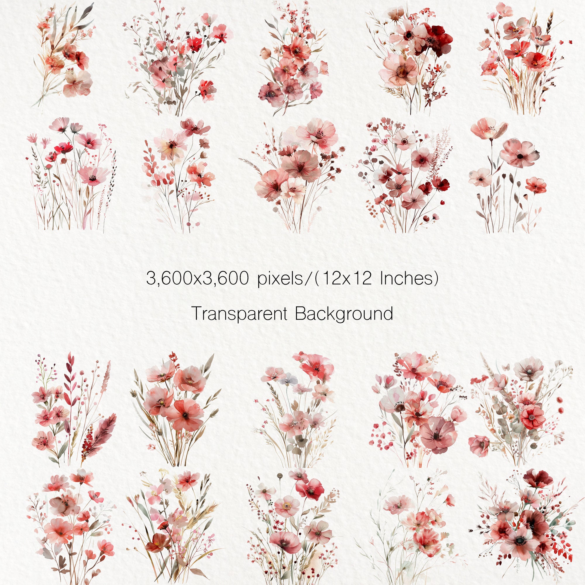 Ruby Red Wildflower Clipart Watercolor Elements, Borders & Wreaths ...