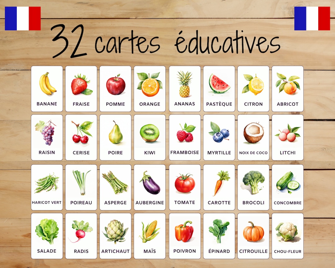 32 Cartes Montessori • Fruits Légumes • Français • Flashcards ...
