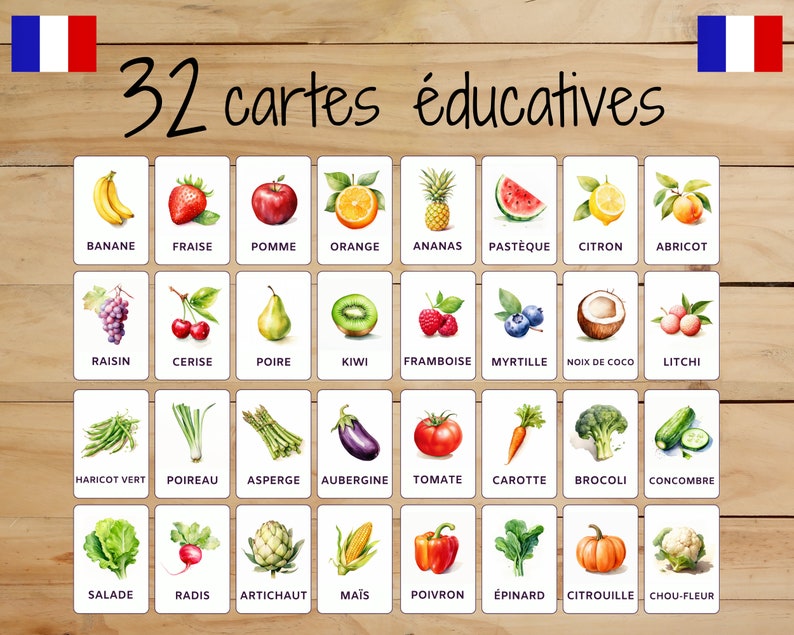 32 Montessori Cards Fruits Vegetables French Printable Flashcards ...