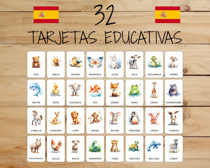 32 Montessori Tarjetas • Animales • Español • Imprimible Tarjetas ...