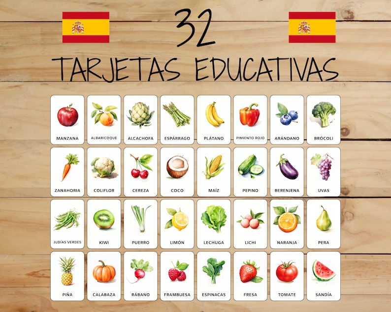 32 Montessori Tarjetas • Frutas Y Verduras • Inglés • Printable ...