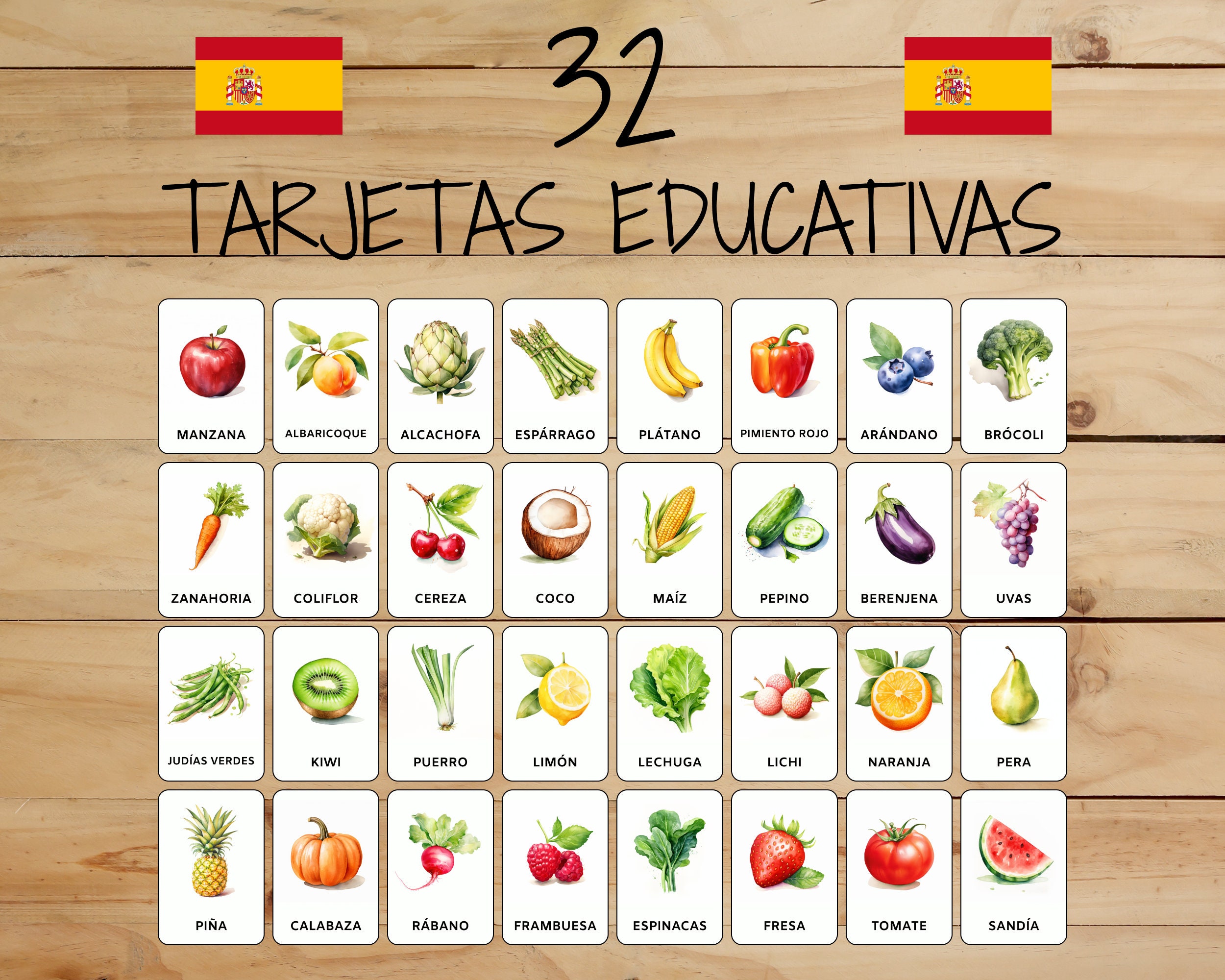 32 Montessori Tarjetas • Frutas Y Verduras • Inglés • Printable ...