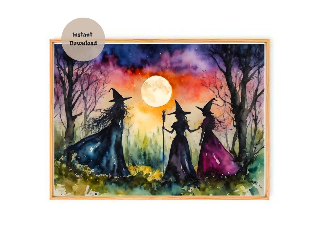 WITCHES GATHER Full Moon Coven Meeting in the Woods 7x5 Altar Print download Only Witchy ...