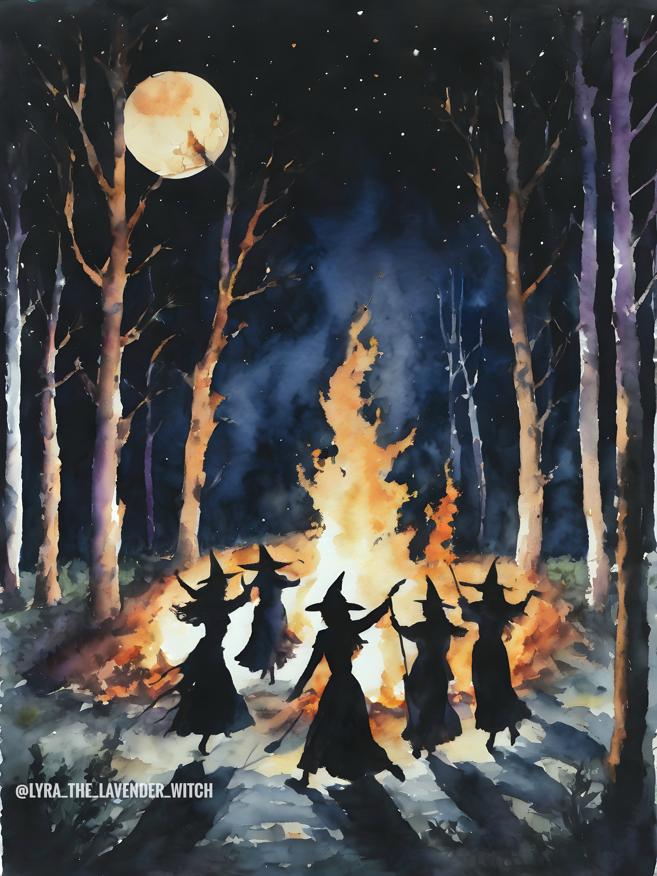 FIRE DANCE ~ WITCHES Coven Meeting in the Woods ~ 7x5" Altar Print ...