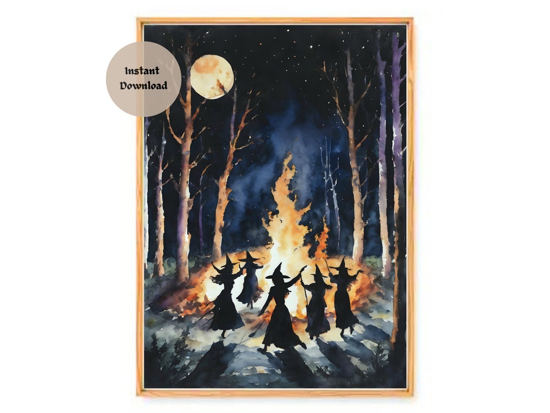 FIRE DANCE ~ WITCHES Coven Meeting in the Woods ~ 7x5" Altar Print ...