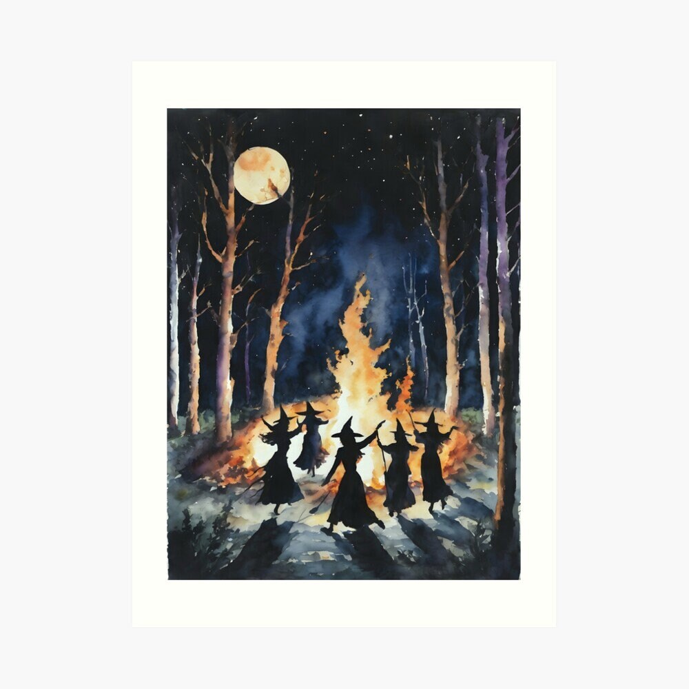 FIRE DANCE ~ WITCHES Coven Meeting in the Woods ~ 7x5" Altar Print ...