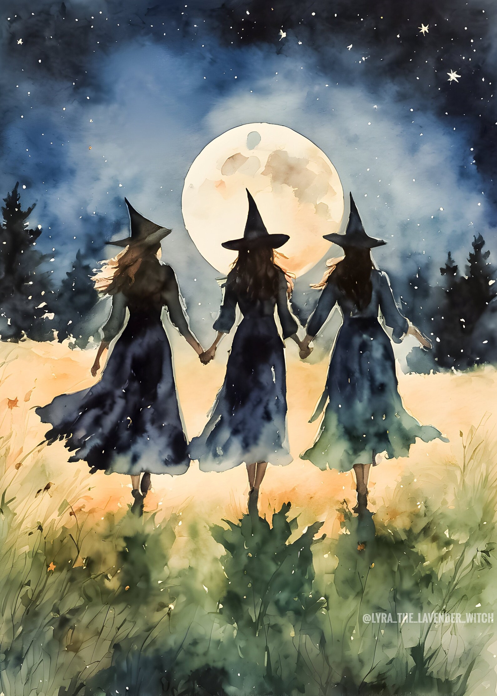 POWER OF THREE Full Moon Coven Meeting in the Meadow 7x5 Altar Print ...